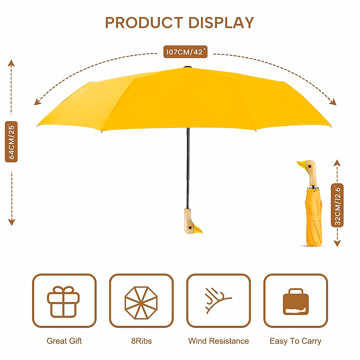 LEAGERA Compact Umbrellas for Rain&Sun, Travel Umbrella Cute Duck Head Handle Design for Girls Gifts, Steady 8 Ribs Folding Umbrella Lightweight and Small,Yellow