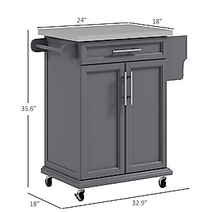 HOMCOM Kitchen Island on Wheels, Rolling Kitchen Cart with Stainless Steel Countertop, Drawer, Towel Rack and Spice Rack, Utility Storage Trolley, Gray