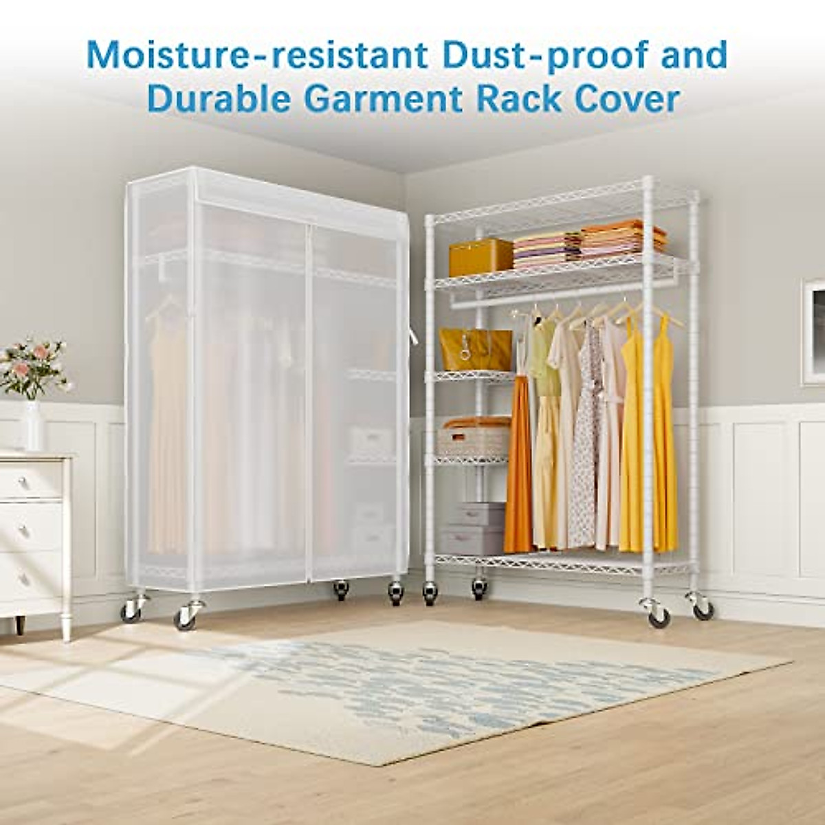 VIPEK V11C Garment Rack Rolling Clothes Rack Heavy Duty Portable Closets with Lockable Wheels Adjustable Metal Wire Shelves Wardrobe White Clothing Rack with Frosted Translucent Cover, Max Load 452LBS