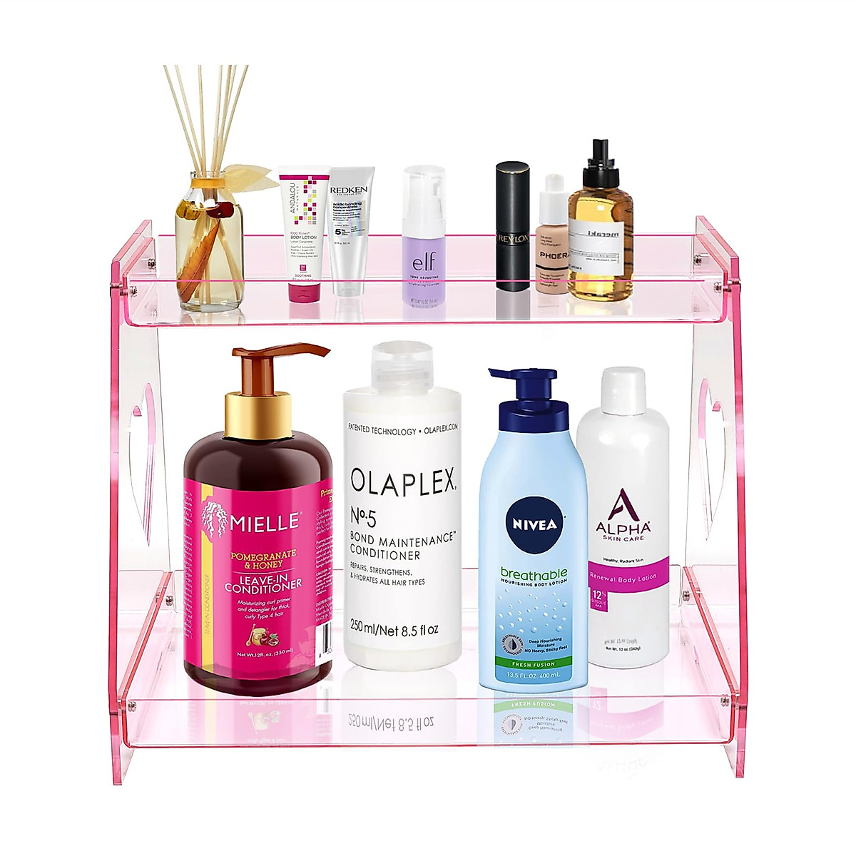 ROYALITA 2 Tier Pink Heart Bathroom Countertop Organizer Display Shelf, Acrylic Tray Vanity Perfume Storage Skincare Organizer for Counter, Cute Bathroom Sink Cosmetic Organizer Shelf