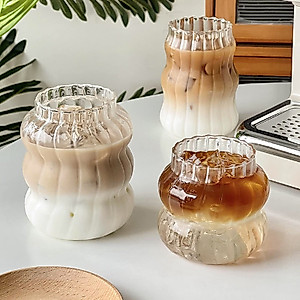 Iced Coffee Cup with Straw 18 oz Glass Clear Ripple Coffee Mug with Glass Straw and Straw Cleaner Brush Ribbed Glassware Boba Cup Smoothie Cup Water Glasses