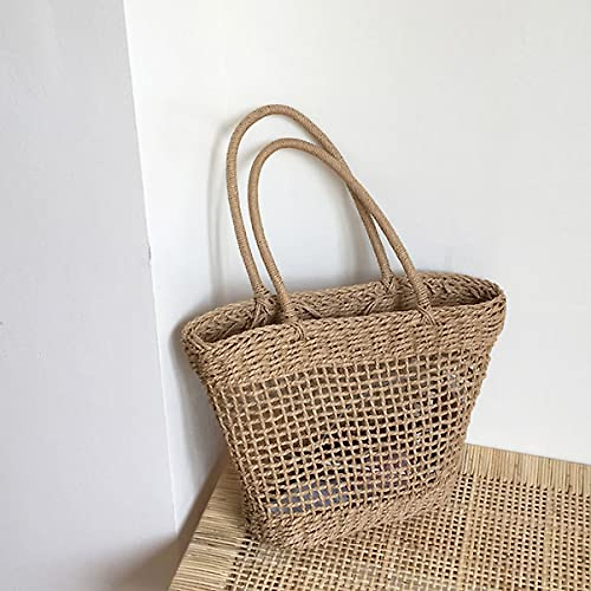 SHERCHPRY Bag for Handbag Women Summer Sea Hand-woven Travel Basket Straw Beach Vacation Woven Fashion Tote Bags Hollow-out Top-handle Clutch Rattan Khaki