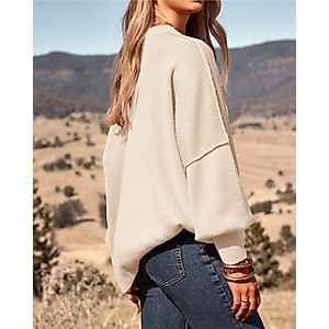 PRETTYGARDEN Women's Oversized Sweater 2024 Casual Fall Crewneck Long Sleeve Loose Side Slit Ribbed Knit Pullover Tops(Solid Beige,Medium)