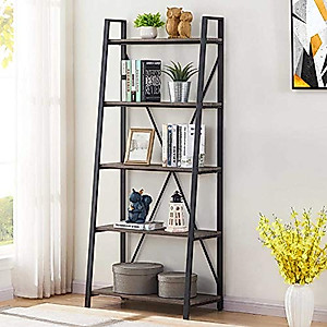 BON AUGURE Industrial Ladder Shelf, Rustic 5 Tier Leaning Bookshelf, Wood Metal Ladder Bookcase (Dark Grey Oak)