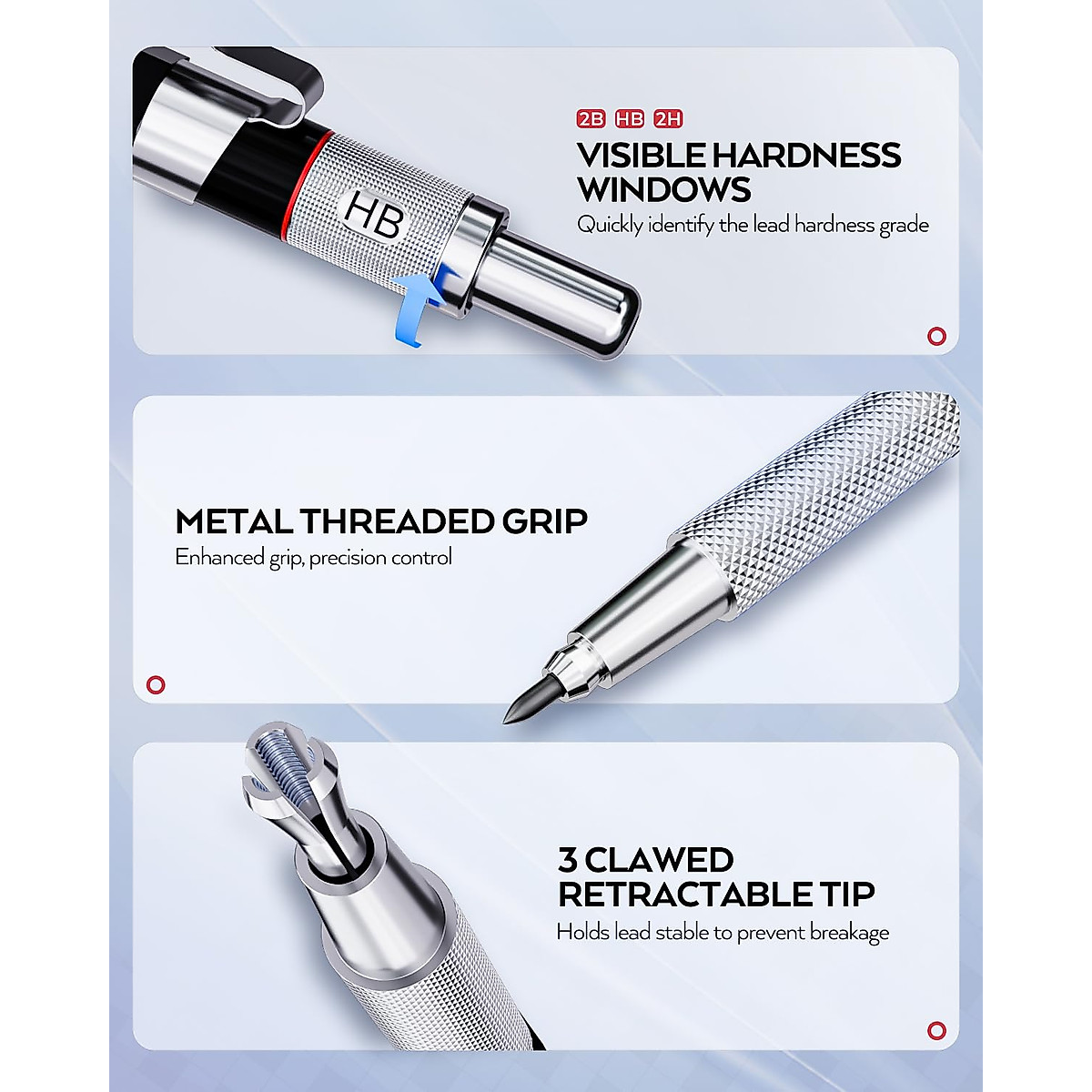 Nicpro 6PCS Art Mechanical Pencils Set, 3 PCS Metal Drafting Pencil 0.5 mm & 0.7 mm & 0.9 mm & 3 PCS 2mm Graphite Lead Holder (2B HB 2H) For Writing, Sketching Drawing With 12 Tube Lead Refills Case