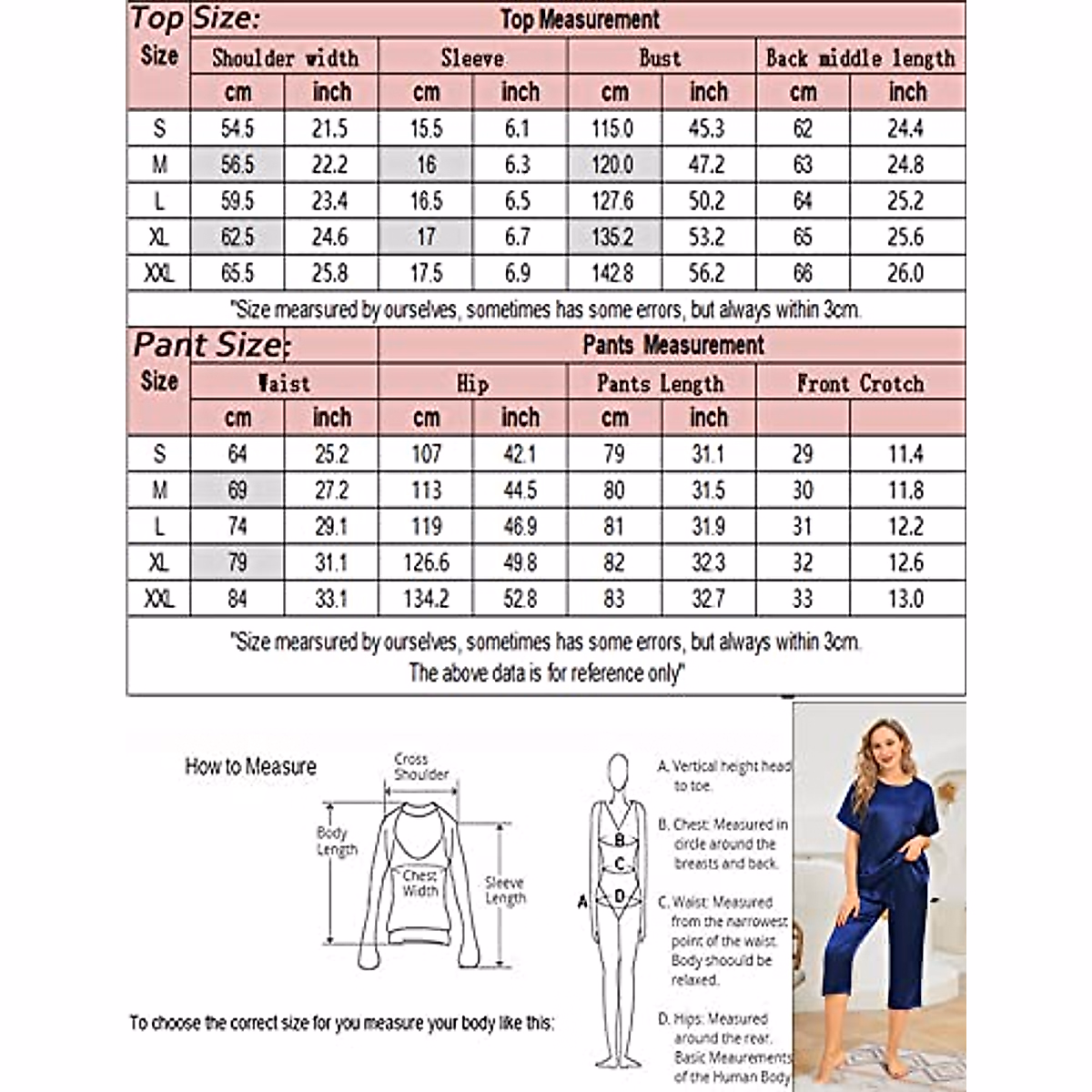 SWOMOG Womens 2 Piece Satin Pajamas Silk Short Sleeve Pjs Sets Capri Bottom Pajama Pants Loose Outfit with Pockets Navy Blue