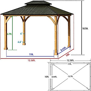 Aoodor Patio Solid Wooden Gazebo 10 x 12 ft. Hardtop Roof 2 - Tier for Garden, Green and Black