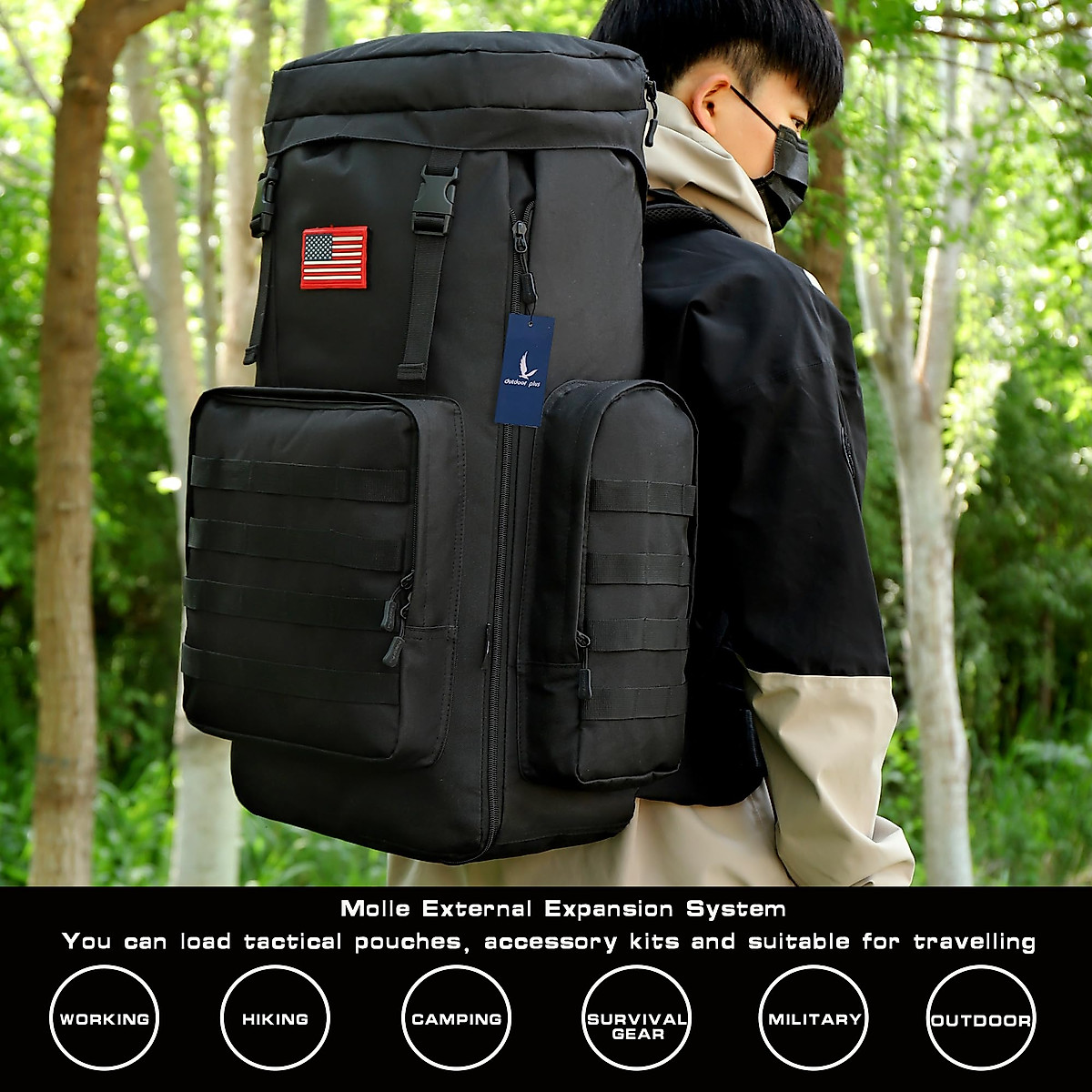 outdoor plus Extra Large Camping Backpack For Men, Hiking Backpacking Backpack, 60 Liter 70l Oversized Rucksack Waterproof