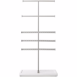 Umbra Trigem Tiered Tabletop Jewelry Organizer Freestanding Hanging Necklace, Earring and Bracelet Display, 5, White/Nickel