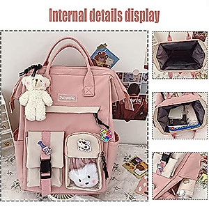 Skyearman Kawaii Backpack with Kawaii Pin Bear Pendant and Pencil Pouch Cute Backpack for Girls Kawaii Schoolbag Aesthetic Backpack, Pink
