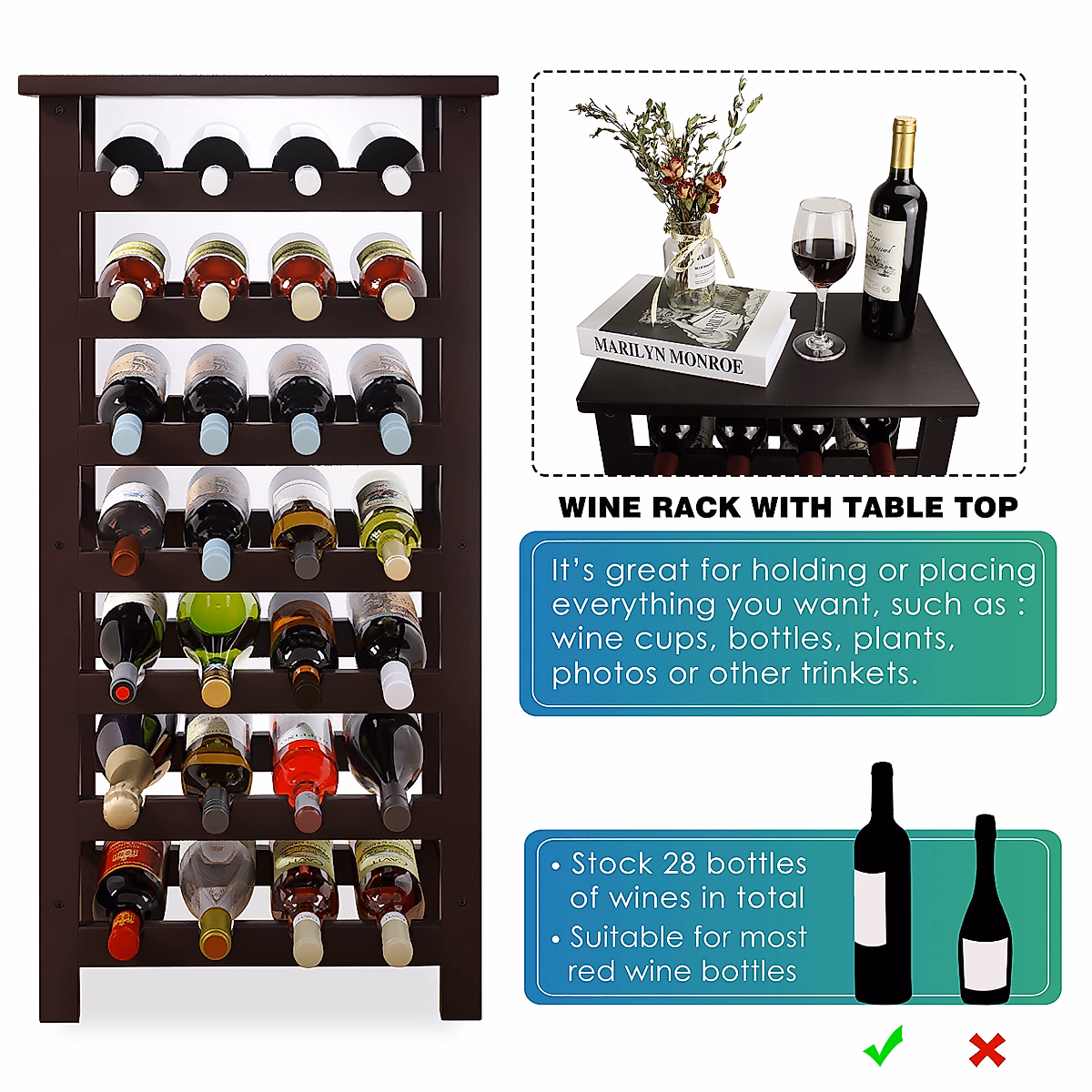 SMIBUY Bamboo Wine Rack, 28 Bottles Display Holder with Table Top, 7-Tier Free Standing Storage Shelves for Kitchen, Pantry, Cellar, Bar (Dark Brown)