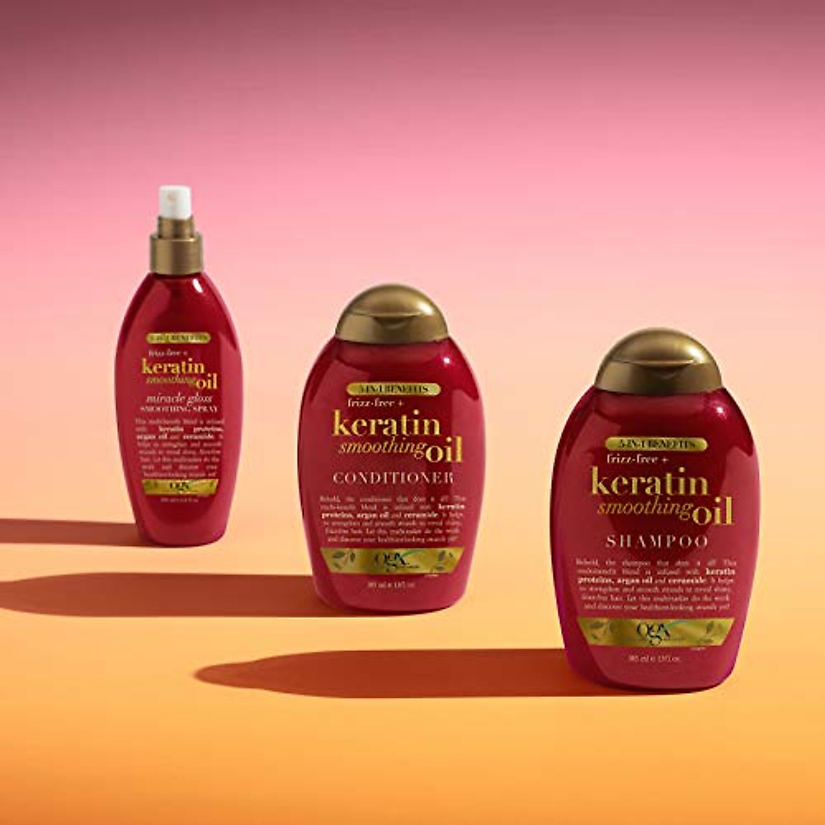 OGX Frizz-Free + Keratin Smoothing Oil Miracle Gloss Spray, 5 in 1, De-frizz & Shiny Hair, Argan Oil