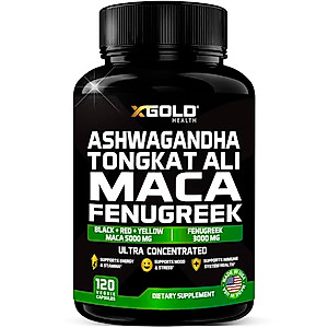 Ashwagandha 5000mg + Tongkat Ali 1000mg + Maca Root 5000mg + Fenugreek 3000mg Supplement | Black + Red + Yellow Maca Root Extract & Fenugreek Herbal Supplements for Men & Women - Made in USA