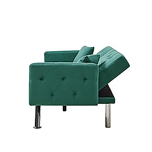 Eafurn Convertible Futon Sofa Bed, Soft Upholstered Loveseat Adjustable Sleeper Couch,Button Tufted Sofa & Couch with Removable Pillow Top Armrests and 2 Cup Holders, Green