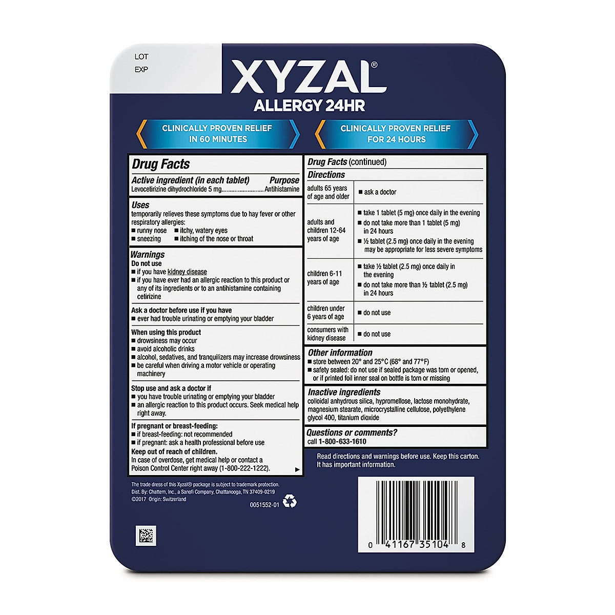 Xyzal Allergy Pills, 24-Hour Allergy Relief, Original Prescription Strength,55 Count (Pack of 2)