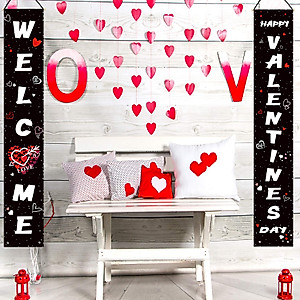 Whaline Valentines Porch Sign, Welcome and Happy Valentines Day Hanging Banners for Holiday Home Indoor Outdoor Porch Wall Valentine's Day Decoration (Black)