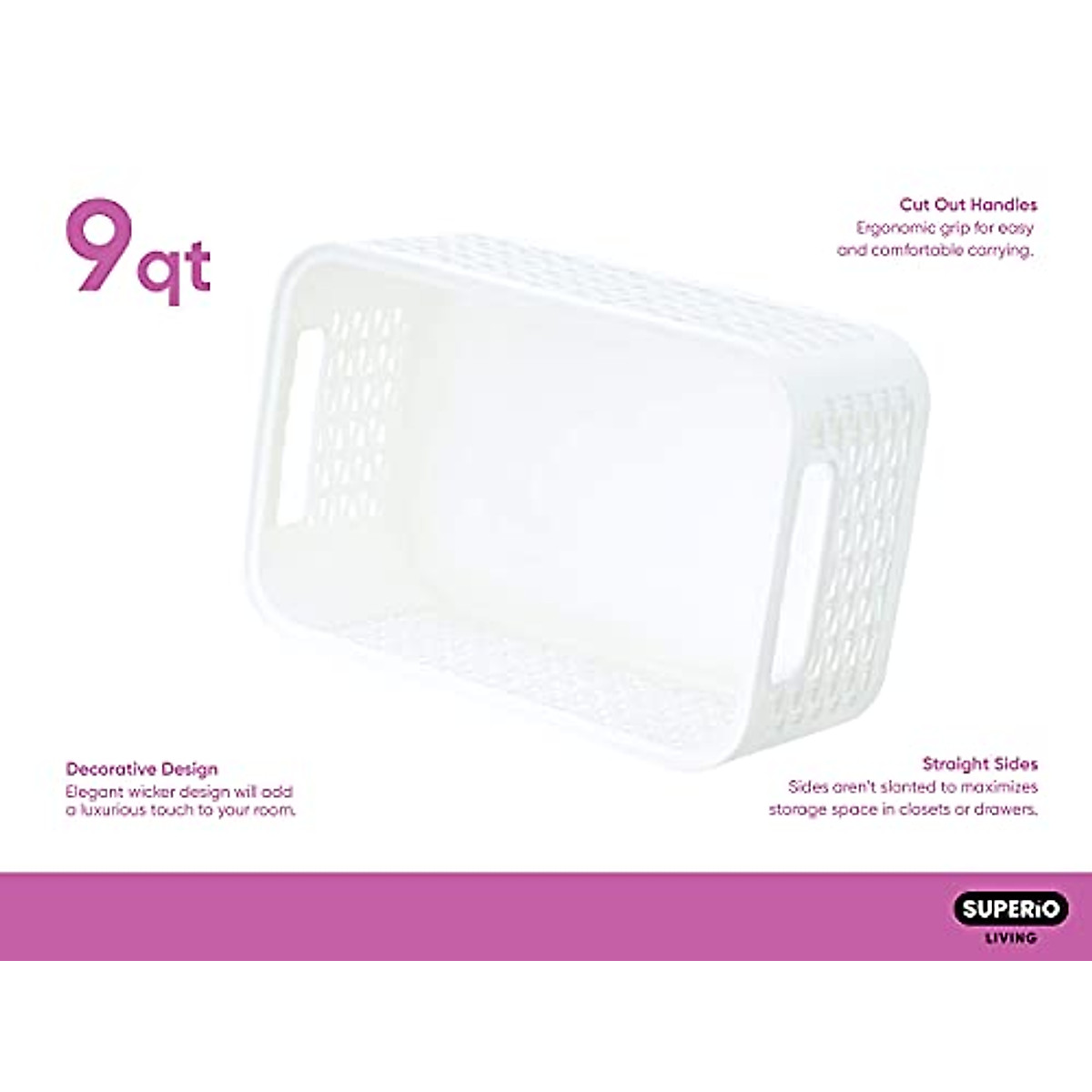 Superio Woven Plastic Storage Basket Box with Handles- Wicker Home Organizer Shelf Bins for Closet- Use for Socks, Jeans, Undershirts, Belts, Accessories (9 Quart, White)