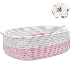 ABenkle Rope Storage Basket, Cotton Woven Pink Baby Girl Basket, Cube Soft Basket with Handles, Decorative Shelves Closet Organizer for Nursery Laundry Bedroom Bathroom, Small Basket for Organizing