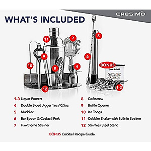 Cocktail Shaker Set with Stand- 12 Piece Stainless Steel Cocktail Set - 18oz Bar Shaker Set, Bar Tools, Perfect Cocktail Kit for Beginners or Professionals, Mixology Bartender Kit, Bar Kit - Cresimo
