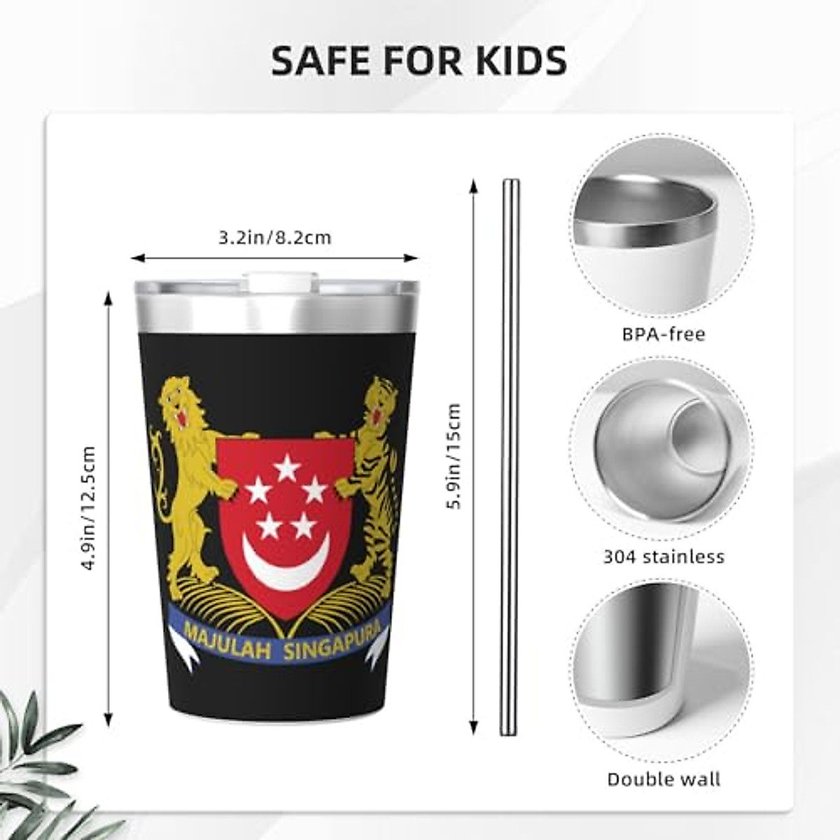 Coat Of Arms Of Singapore Insulated Stainless Steel Tumbler 12 Oz Thermos Come With Straw Leak-Proof Travel Mug Cup