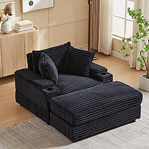 Verfur Oversized Chaise Lounges Indoor - 43.3" Deep Seat Sectional Sofa Corner Couch with Movable Ottoman, Storage Armrest & Cupholders- Plush Corduroy Upholstered Lounge Chair for Living Room Office