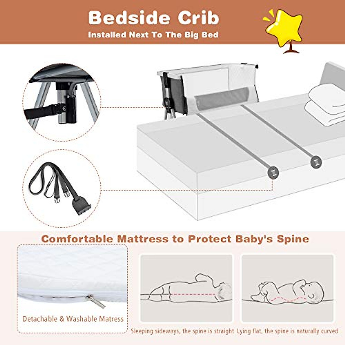 BABY JOY Bedside Bassinet, Portable Baby Crib w/Mattress, Two-Side Breathable Mesh, 7 Height Adjustable, Large Storage, Wheels for Easy Movement, Crib for Newborn Infant, Bassinet for Baby, Dark Grey