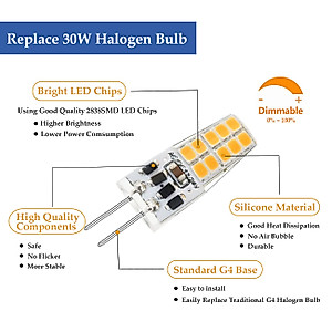 Dimmable G4 LED Bulb 12V 24V JC Tybe, 20-30W T3 G4 Halogen Equivalent,2700K Warm White, G4 Bi-Pin Base, 300LM, Chandelier Lighting/Landscape Lighting/Microwave Lighting 10pcs