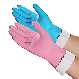 HSL Household Cleaning Gloves - 2 Pairs Reusable Kitchen Dishwashing Gloves with Latex Free, Cotton lining, Waterproof, Non-Slip (Medium)