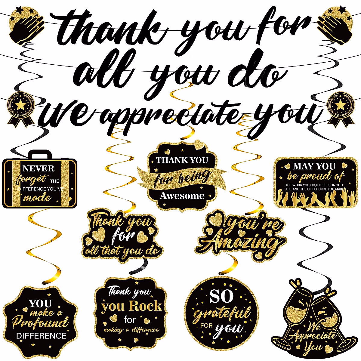 Black Gold We Appreciate You Decorations Thank You Banner with Appreciate Hanging Swirls Thank You For All You Do Decor for Teacher Doctor Nurse Employee Staff Graduation Appreciation Party Supplies