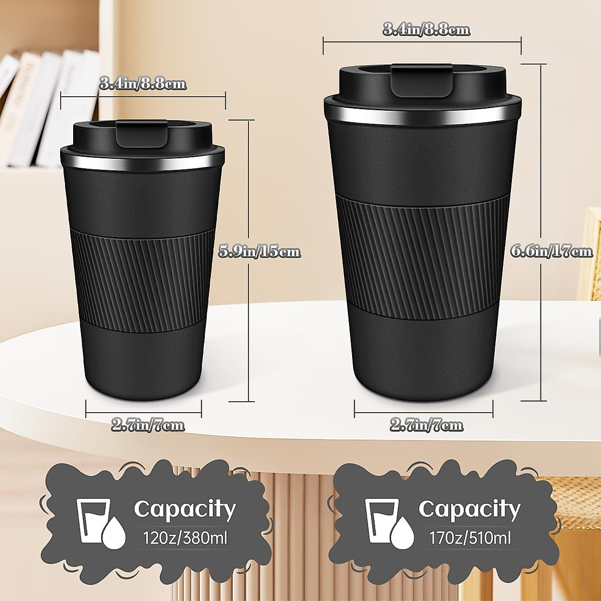 BAYTWA Coffee Tumbler 12oz/380ml - Insulated Coffee Mug with Lid, Leakproof Travel Coffee Cup, Stainless Steel Reusable Coffee Mug for Hot&Cold Drinks, Thermal Coffee Cups for Men Women-Black/1 Pack