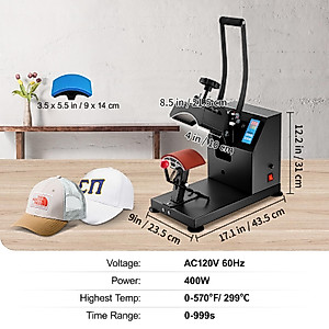 VEVOR Heat Press 6x3.75Inch Curved Element Hat Press Clamshell Design Heat Press for Hats Rigid Steel Frame No Stick Digital LCD Timer and Temperature Control (6x3.75Inch Clamshell Design)