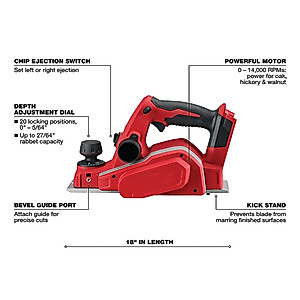 WALKFB 2623-20 for Milwaukee M18 18V 3-1/4-Inch Planer w/Bevel/Edge Guide - Bare Tool, Red, Black