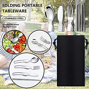 KitchenMade 4 Pack Reusable Flatware Sets Knife, Fork, Spoon, Chopsticks, Stainless Steel Folding Utensil Set & Nylon Storage Bag ，Ultralight Utensils for Backpacking/Hiking/Camping