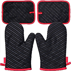 Oven Mitts Set of 4, Heat Resistant up to 572°F, Cotton Baking Gloves with Non-Slip Silicone, Cooking Gloves for Grilling and BBQ, Baking, Cooking, Black