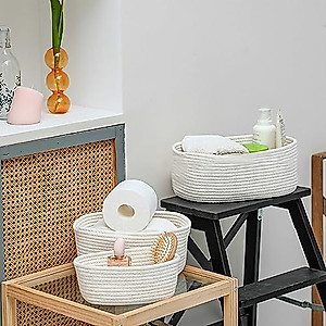 Oungy 3 PCS Rope Baskets Natural Cotton Rope Woven Baskets for Organizing Nursery Storage Basket Natural Woven Gift Basket Empty Soft Storage Baskets Cat Dog Toy Baskets, Off White
