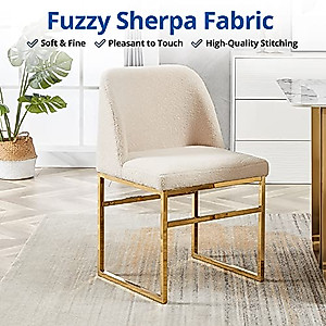 Cozy Castle Sherpa Accent Chairs Set of 2, Upholstered Living Room Side Chairs with Gold Metal Base, Fuzzy Comfy Kitchen Chairs, Beige