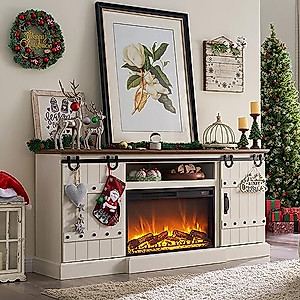 OKD Fireplace TV Stand for 75 80 Inch TV, Farmhouse Entertainment Center with Sliding Barn Doors, Rustic Media Console Table with Storage Cabinets for Living Room, Antique White