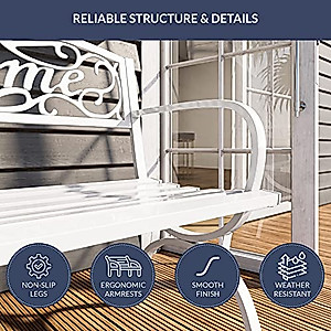 BELLEZE Outdoor Bench, 50-inch Patio Outdoor Garden Bench Cast Iron Metal Loveseat Chairs for Park, Porch, Lawn, Balcony, Backyard, Garden Accessories Antique Seat Furniture Welcome Design, White