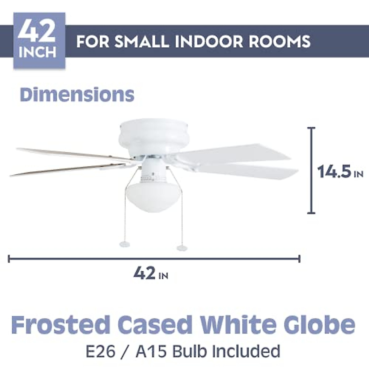 Prominence Home Alvina, 42 Inch Traditional Flush Mount Indoor LED Ceiling Fan with Light, Pull Chain, Dual Finish Blades, Reversible Motor - 80092-01 (White)
