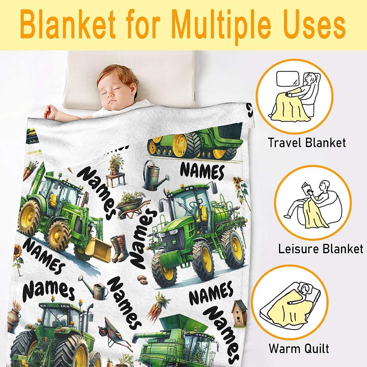 Personalized Trucks Blanket for Boys Girls Kids, Tractor Truck Flannel Throw Blanket Text Gifts Throw Soft & Warm Bed—All Season 30"x40" for Baby/Pets