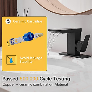 BESy Waterfall Matte Black Bathroom Faucet, Single Hole Or Three Hole Bathroom Sink Faucet with Pop Up Drain, with cUPC Supply Lines Single Handle Vanity Faucets, 6 Inch Deck Plate, Stainless Steel