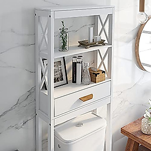 Otryad White Over-The-Toilet Storage, Wooden Above Toilet Storage Cabinet with Drawer and Open Shelves, Bathroom Cabinet Organizer Standing Rack - 23.62" L x 7.87" W x 64.76" H