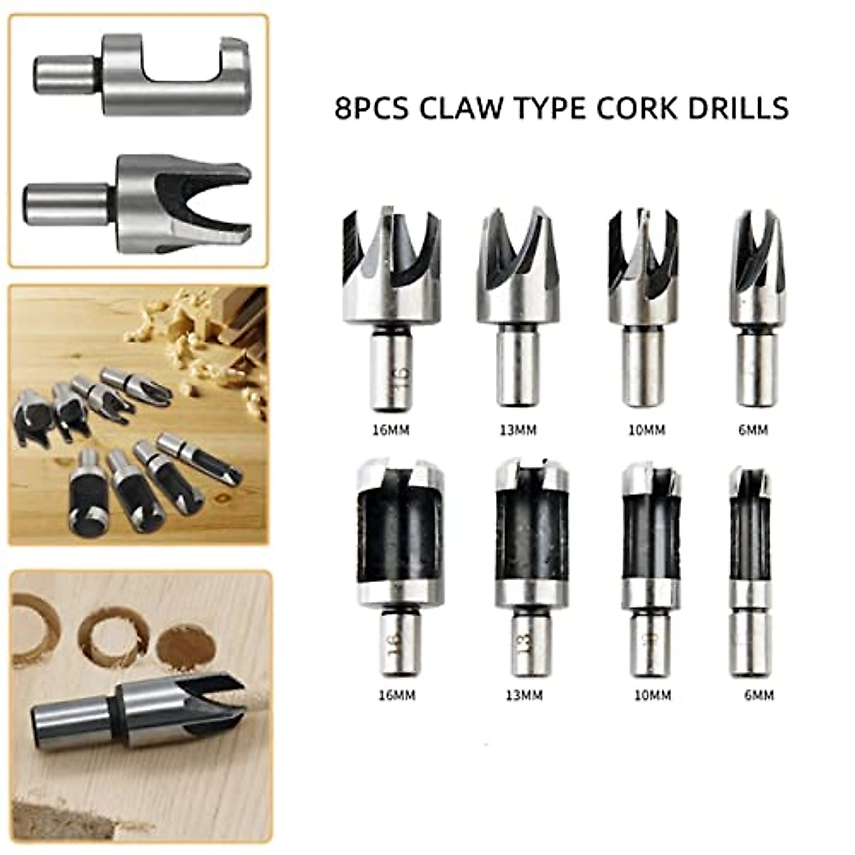 dophee 8Pcs Wood Plug Cutter Drill Bit Set, Straight and Tapered Taper 1/4" 3/8" 1/2" 5/8" Cutting Tool Cork Drill Bit Knife for Woodworking