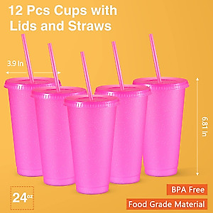 Amyhill 12 Pcs Reusable Cups with Lids and Straws 24 oz Plastic Tumbler Iced Coffee Cup Travel Mug for Smoothie Juices Birthdays Sleepover Party Supplies for Girls(Hot Pink, Shiny Color, 12 Pcs)