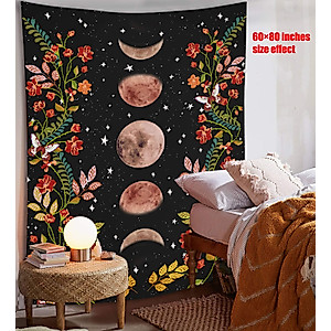 Lifeel Moonlit Garden Tapestry, Moon Phase Surrounded by Vines and Flowers Black Wall Decor Tapestry 36×48 inches