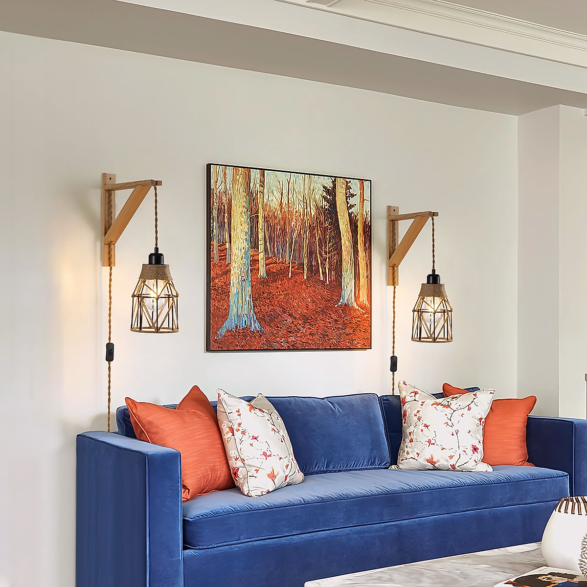 MUEOF Industrial Plug in Wall Sconce Set of 2, with 8.2ft Hemp Rope Cord, On/Off Switch,Farmhouse Wall Light with Metal Shade and Wood Bracket for Bedroom Living Room.