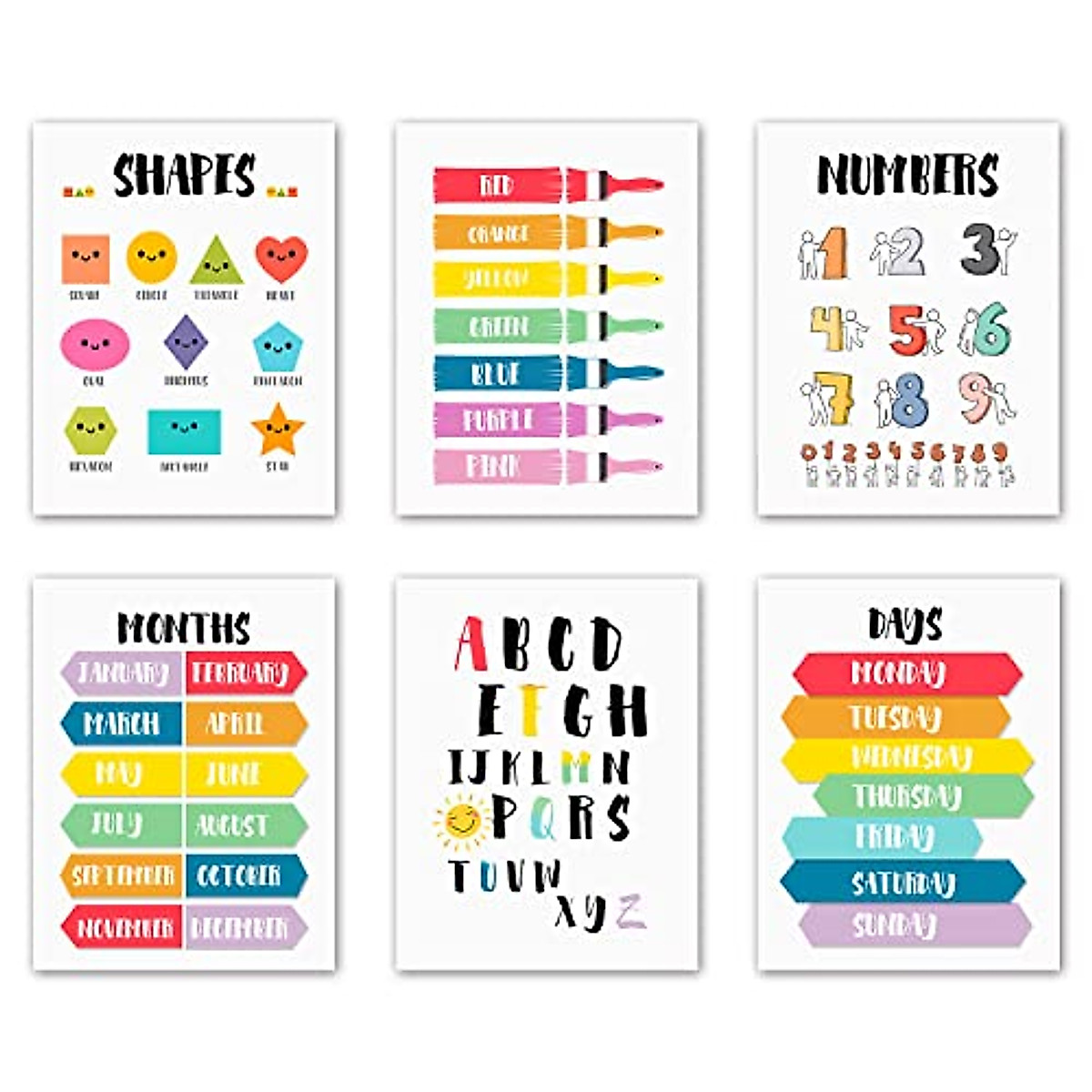 ARPEOTCY Rainbow Kids Playroom Wall Decor, Colorful Wall Art Posters, Educational Wall Art Prints for Nursery Wall Decor, Set of 6, 8x10in, Unframed