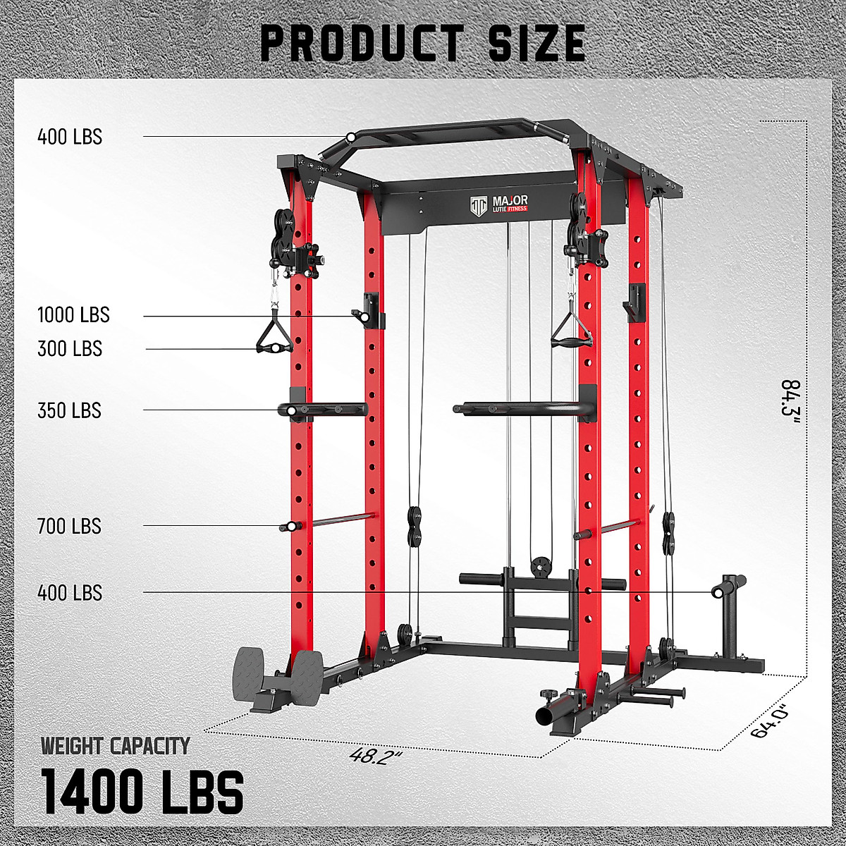 MAJOR LUTIE Power Cage, PLM03 1400 lbs Multi-Function Power Rack with Adjustable Cable Crossover System and More Training Attachment