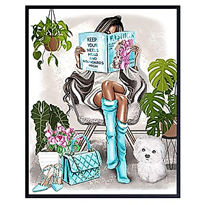 Glam Fashion Wall Art & Decor - Girls Bedroom Living Room Teens Room - Light Blue Designer Poster Picture - Housewarming Daughter Friend Gifts for Women - African American Woman - Black Afro Girl