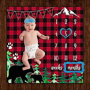 PHMOJEN Red Buffalo Plaid Milestone Blanket for Baby Boy, Rustic Hunter Theme Woodland Bear Age Blanket for Nursery, Lumberjack Baby Shower Backdrop, 1-12 Months, Includes Marks 40"x40" BTLSPH254